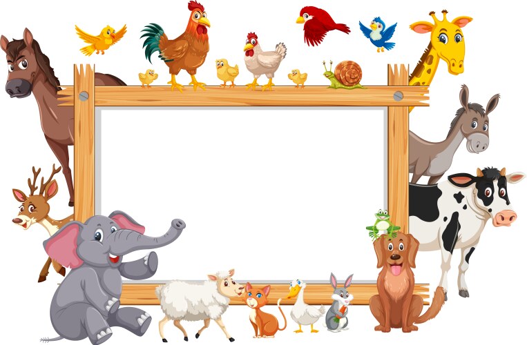 Empty wooden frame with various wild animals Vector Image