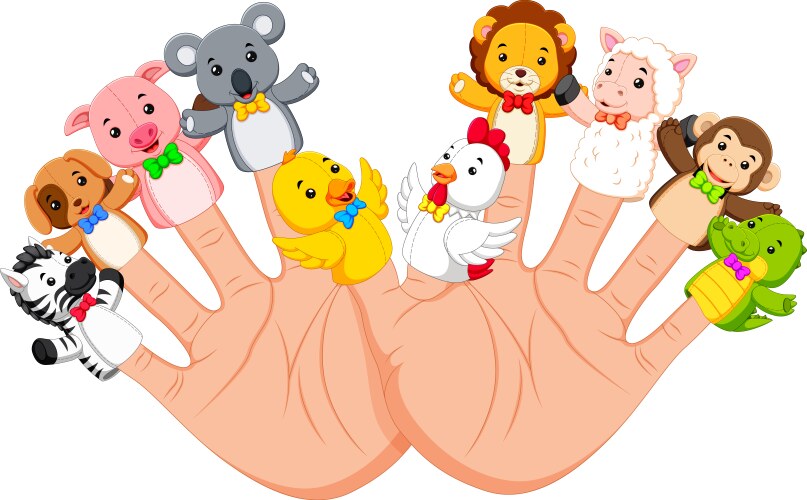 Hand wearing cute 5 finger puppets Royalty Free Vector Image