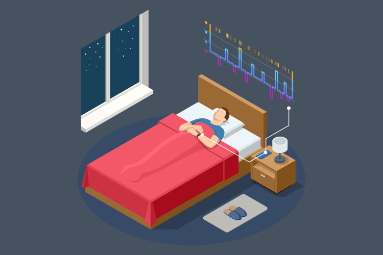 Isometric woman relies on gadgets during sleep Vector Image