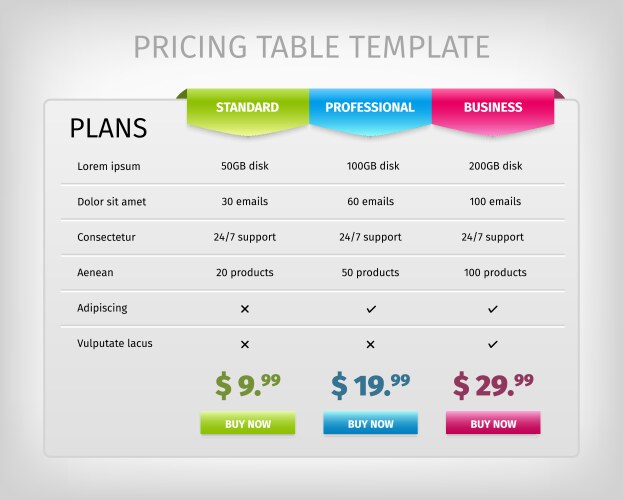 Comparison table chart compare template Royalty Free Vector