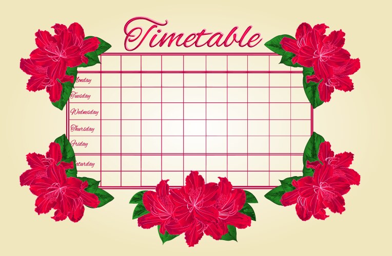 Timetable weekly schedule with pink roses Vector Image
