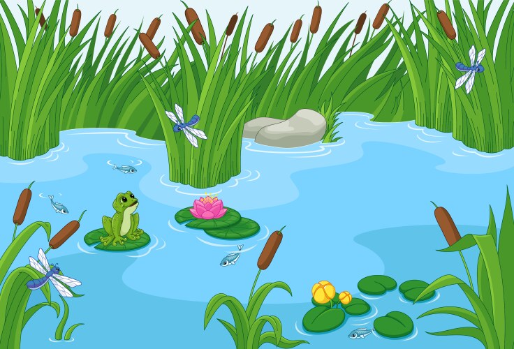 Colorful cartoon background with pond inhabitants Vector Image