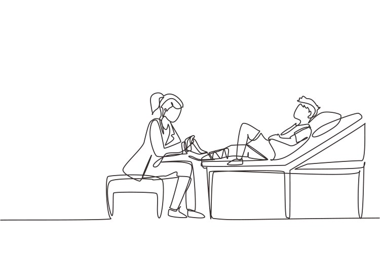 Single one line drawing doctor bandage broken leg Vector Image