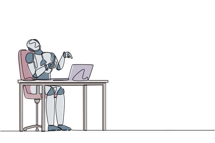 Continuous one line drawing robot working typing Vector Image