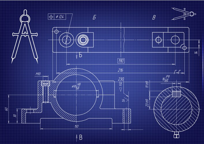 Machine-building drawings on a blue background Vector Image