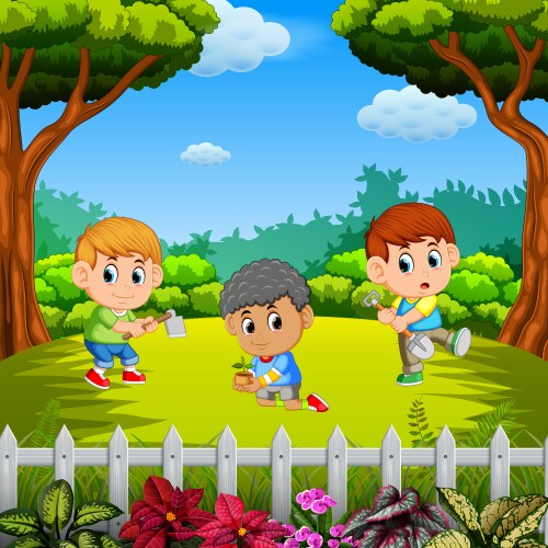 Boy are playing with three rabbits Royalty Free Vector Image