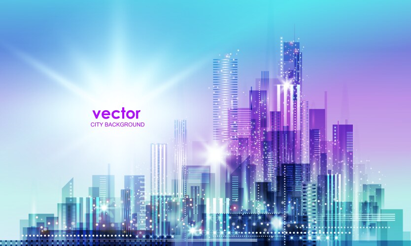 Pink sunset sky with cartoon cityscape Royalty Free Vector