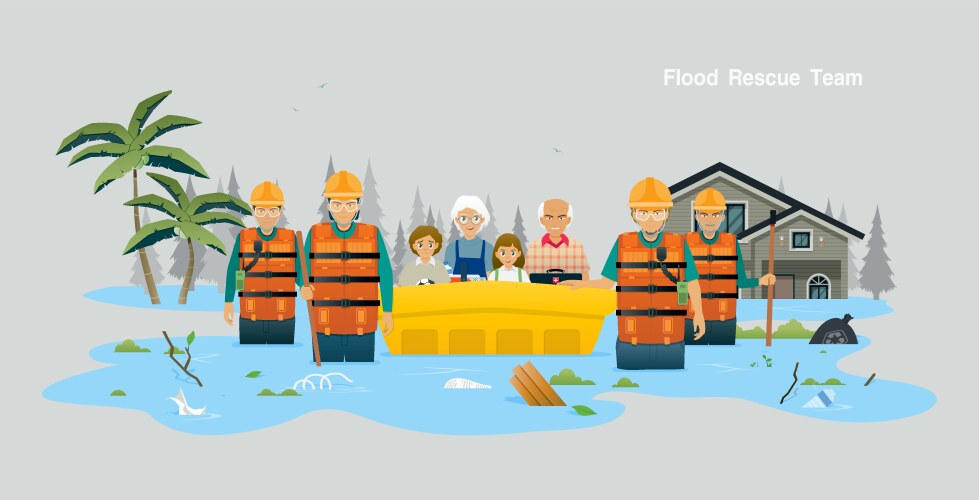 Rescue team helping people during flooding Vector Image