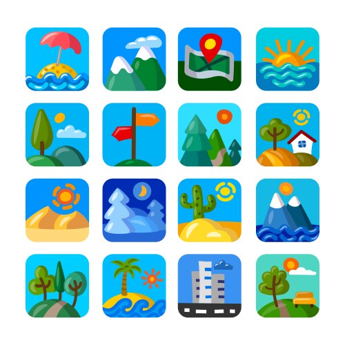 Nature landscape icons of mountains ocean Vector Image
