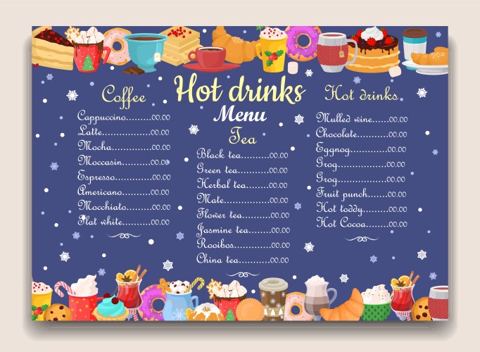 Restaurant hot drinks menu design with chalkboard Vector Image