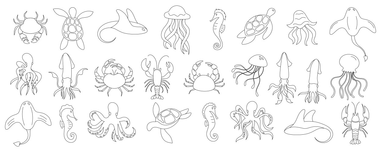 Black silhouette sea creatures collection Vector Image