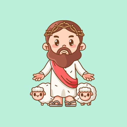 Cute jesus christ god with two sheep kawaii chibi Vector Image