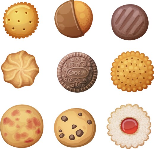Cartoon color round cookies icons set Royalty Free Vector