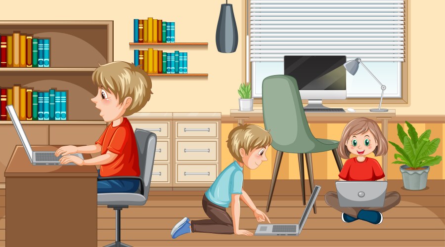 Children using technology devices at home Vector Image