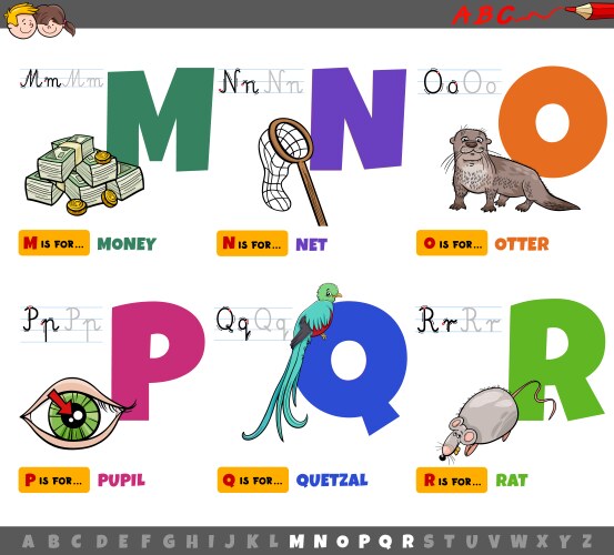 Educational cartoon alphabet letters set from m Vector Image
