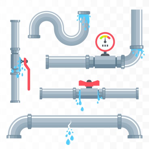 Leaking water pipes broken steel and plastic Vector Image
