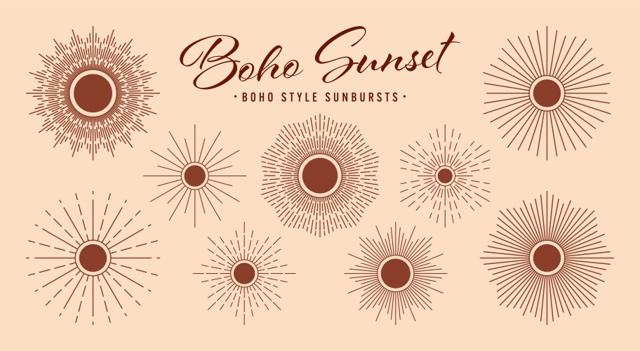 Vintage sunburst sunset beams collection boho Vector Image