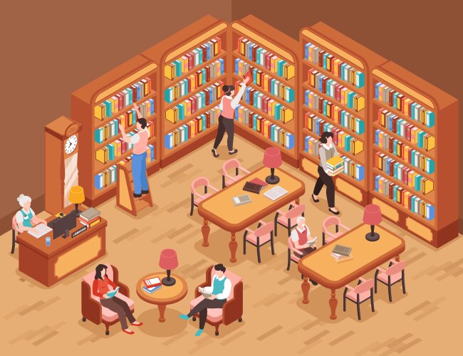 Interior a library with books on shelves Vector Image