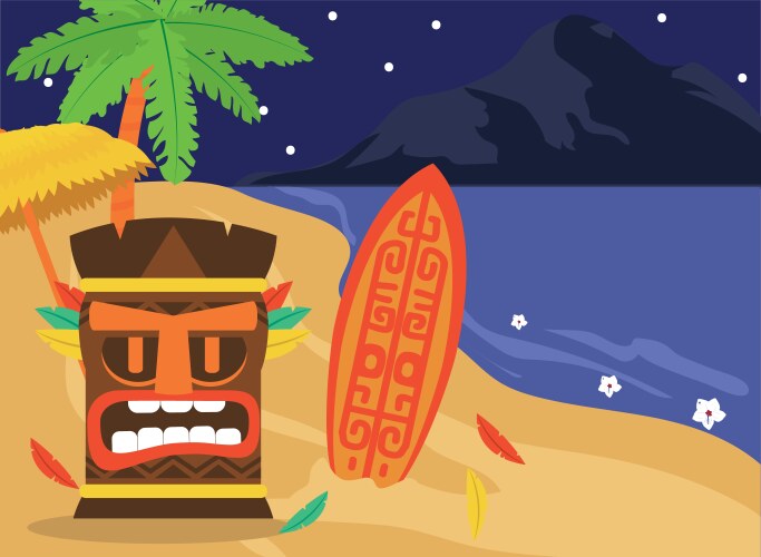 Hawaiian tiki cartoons with palm trees labels Vector Image