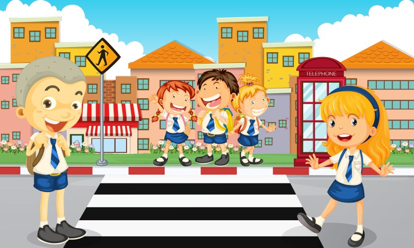 Kids crossing road in city cartoon Royalty Free Vector Image