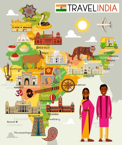 India travel map with sightseeing places Vector Image