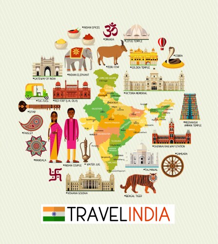 India travel map with sightseeing places Vector Image