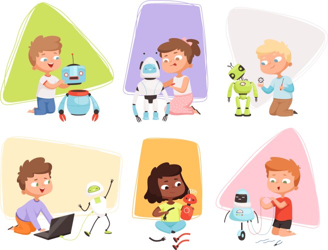 Little children engineering and creating robots Vector Image