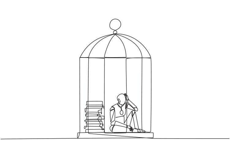 Single one line drawing robot trapped in cage Vector Image
