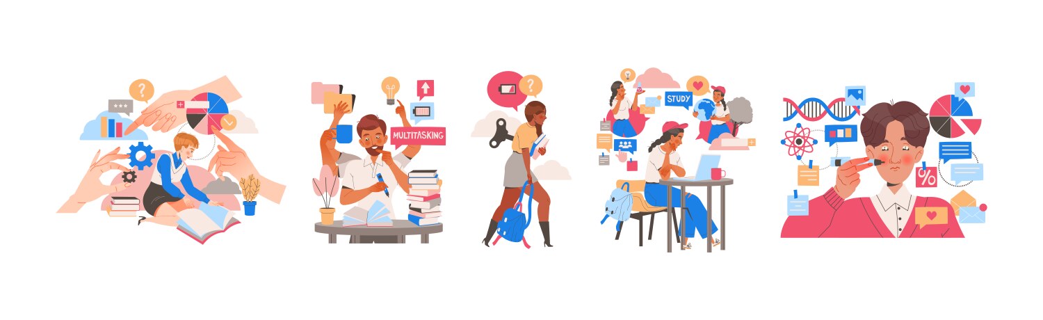 People student characters learning multitasking Vector Image