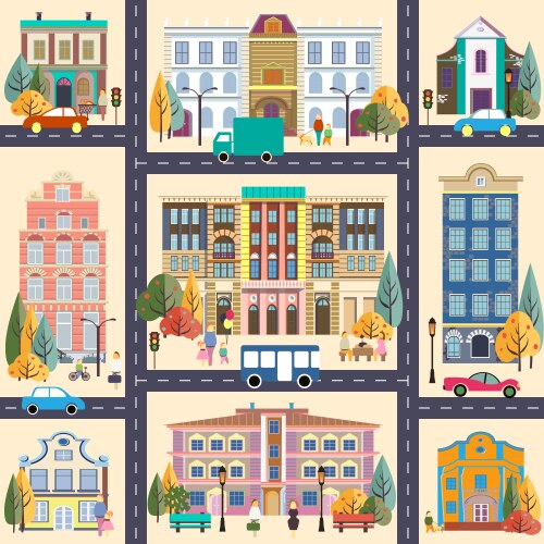 Small town streets people walking houses Vector Image