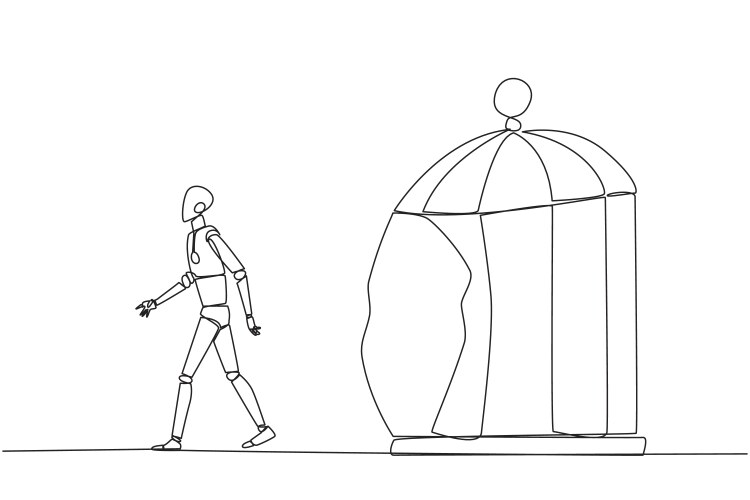 Single one line drawing robot trapped in cage Vector Image