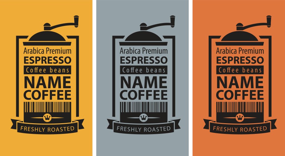 Coffee labels with grinders and barcodes Vector Image