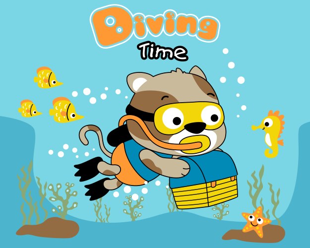Scuba dive cartoon with little bear fishes turtle Vector Image