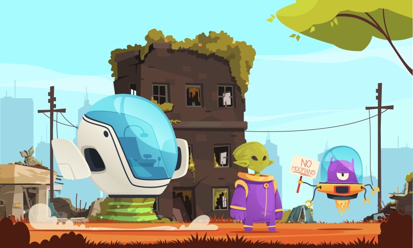 War with alien robots cartoon concept Royalty Free Vector