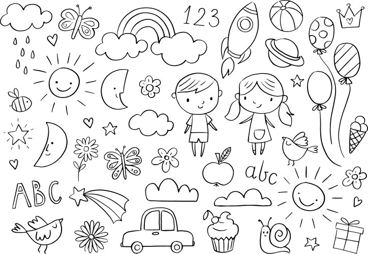 Hand-drawn kids doodle set drawings Royalty Free Vector