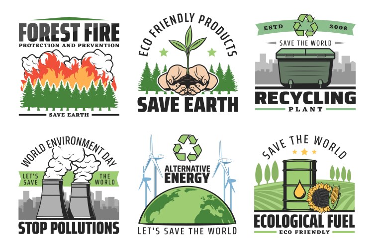 Ecology stickers save green earth planet clean Vector Image