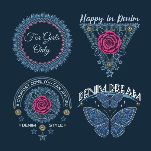 Denim theme labels with rose butterfly text Vector Image