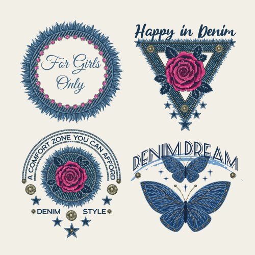 Denim theme labels with rose butterfly text Vector Image