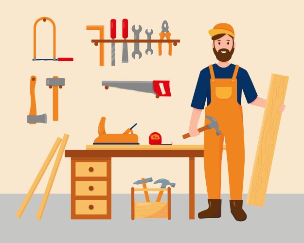 Carpenter with wood and tools Royalty Free Vector Image