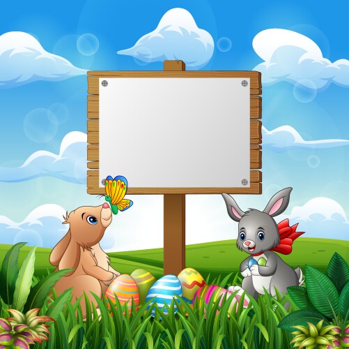 Easter bunnies with blank sign background Vector Image