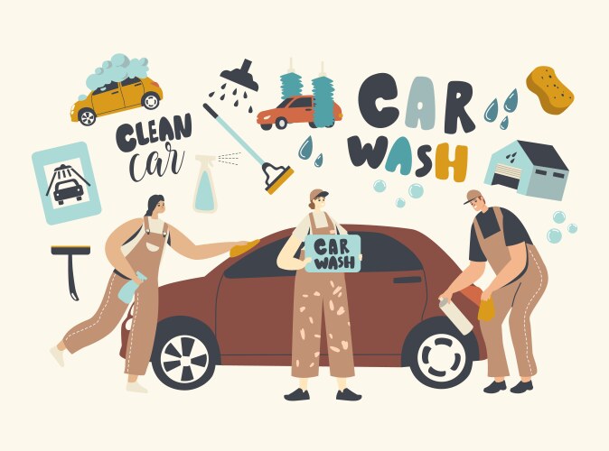 Car wash service concept workers characters Vector Image