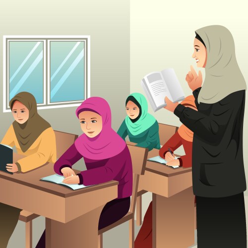Muslim students and teacher in classroom Vector Image