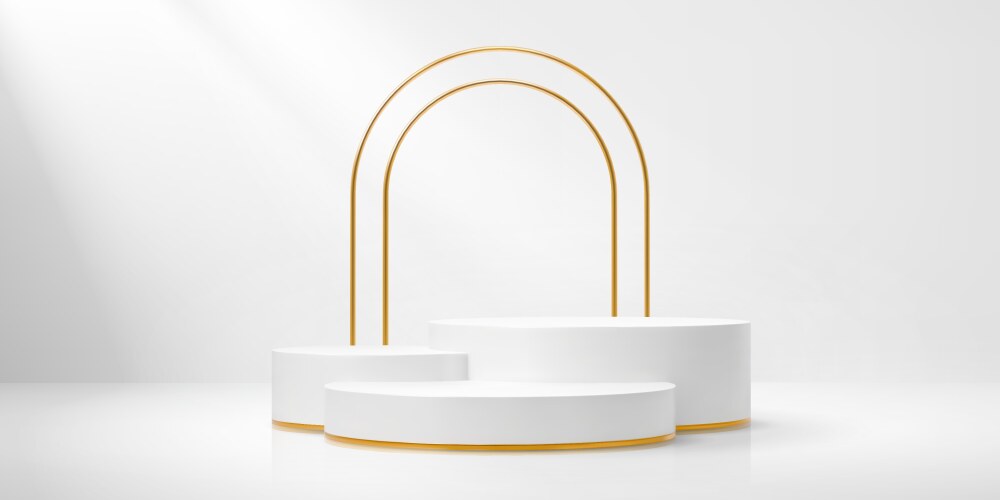 Round black podium stage with golden frame or arch