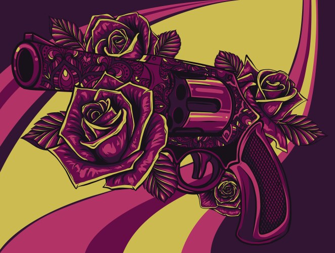 Drawing of a gun with colored roses Royalty Free Vector