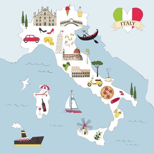 Italy map with attractive landmarks Royalty Free Vector