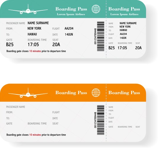 Set airline boarding pass tickets Royalty Free Vector Image