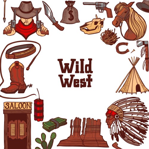Colored wild west set in hand drawn style Vector Image