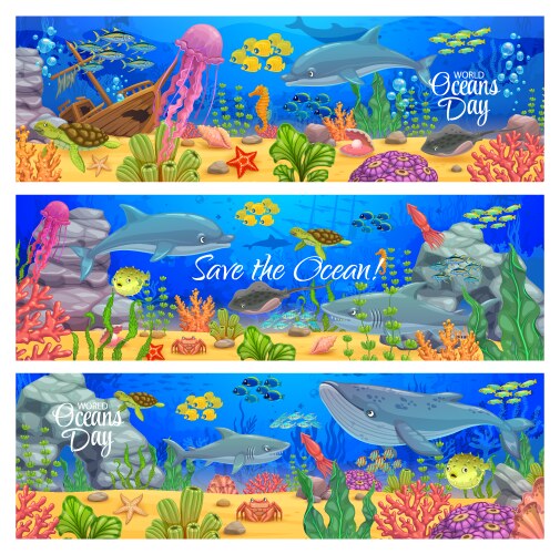 Cartoon underwater landscape banners sea level Vector Image