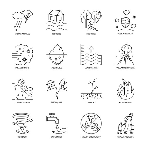 Climate change consequences line icon set Vector Image