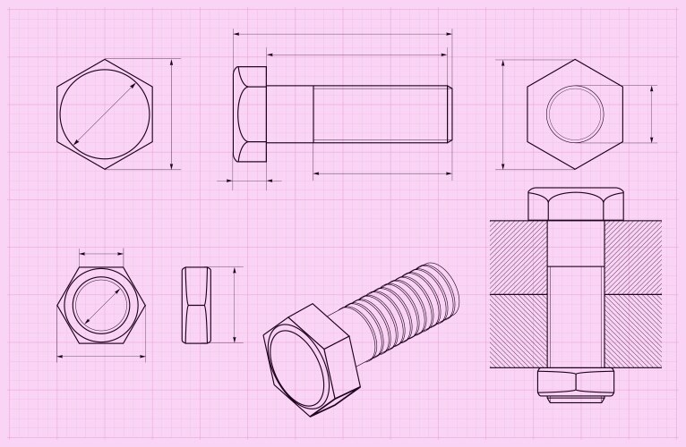 Bolt with nut outline drawing Royalty Free Vector Image